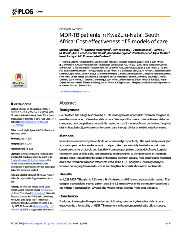 (PDF) Cost-Effectiveness of Five MDR-TB Care Models in South Africa