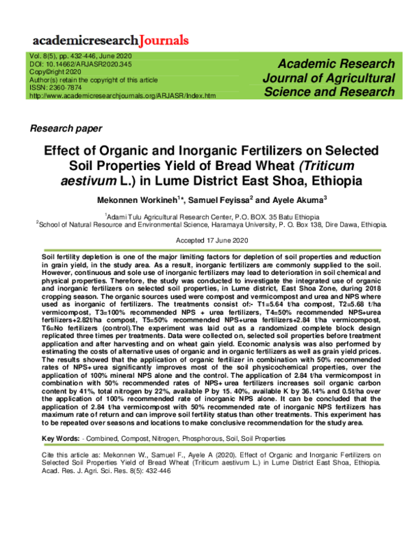 (PDF) Effect of Organic and Inorganic Fertilizers on Selected Soil Properties Yield of Bread ...