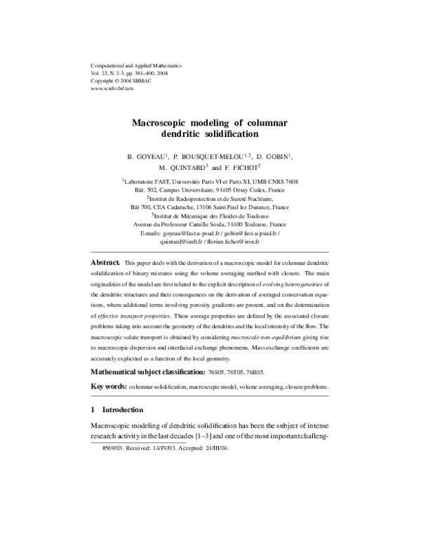 Pdf Macroscopic Modeling Of Columnar Dendritic Solidification