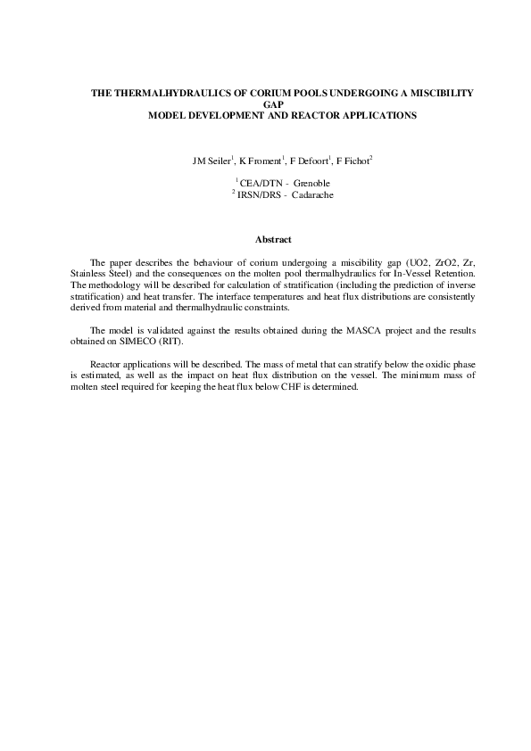 (PDF) The Thermalhydraulics of Corium Pools Undergoing a Miscibility ...