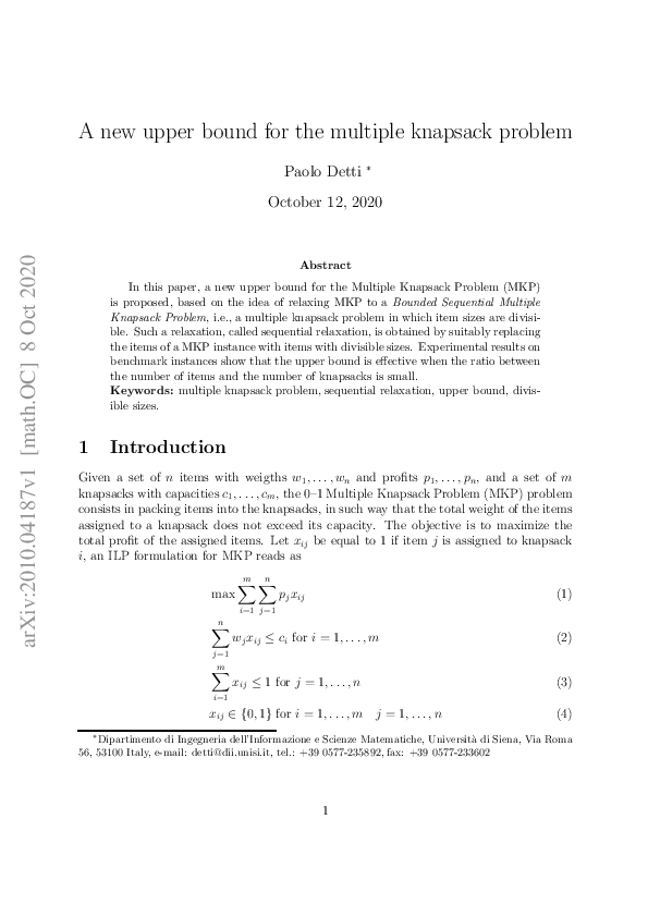 (PDF) A new upper bound for the multiple knapsack problem