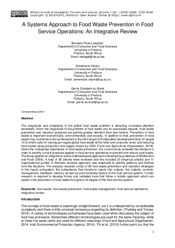(PDF) A systems approach to food waste prevention in food service ...