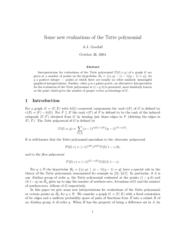 Pdf Some New Evaluations Of The Tutte Polynomial Andrew Goodall 