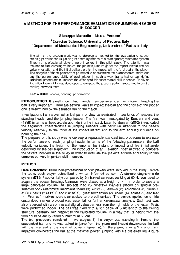 (PDF) A Method for the Performance Evaluation of Jumping Headers in Soccer