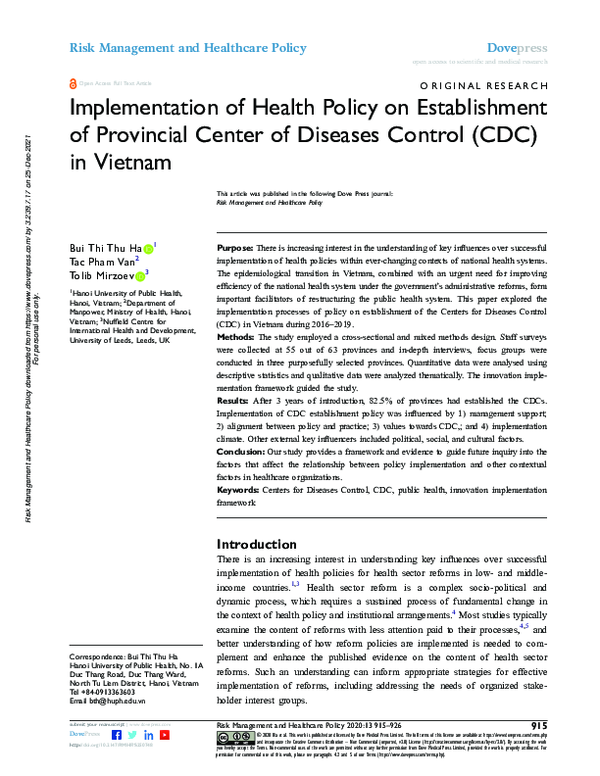 (PDF) Implementation of Health Policy on Establishment of Provincial ...