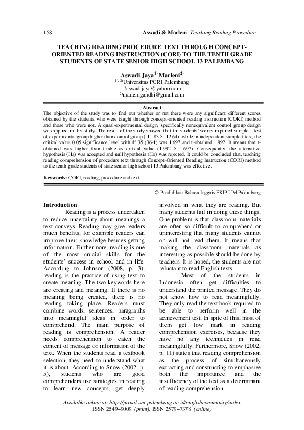 (PDF) Teaching Reading Procedure Text Through Concept Oriented Reading ...