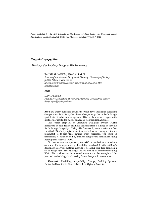 (PDF) Towards Changeability The Adaptable Buildings Design (ABD) Framework