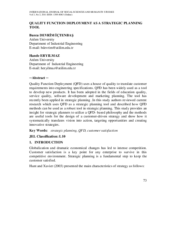 (PDF) Quality Function Deployment as a Strategic Planning Tool