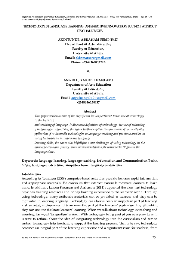 (PDF) Technology in Language Learning: An Effective Innovation but Not ...