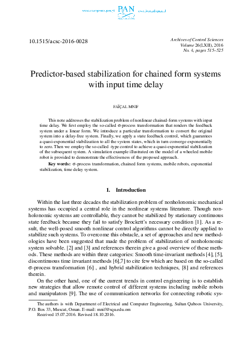 (PDF) Predictor-based stabilization for chained form systems with input time delay