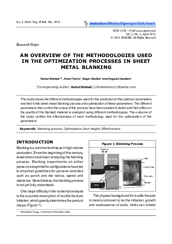 (PDF) An Overview of the Methodologies Used in the Optimization Processes in Sheet Metal Blanking