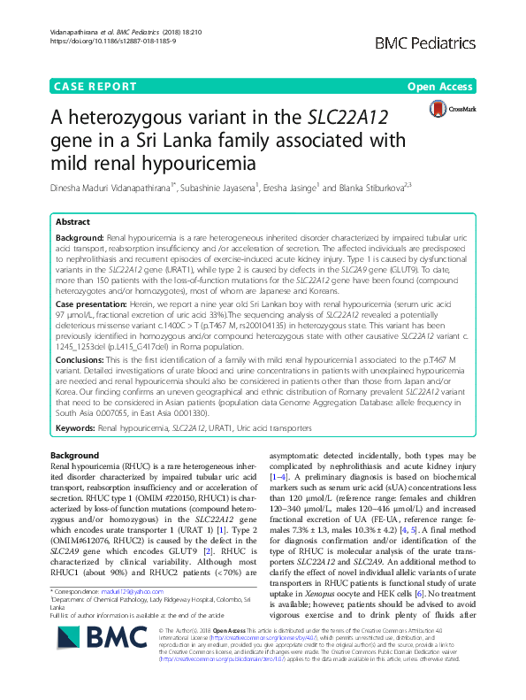 (PDF) A heterozygous variant in the SLC22A12 gene in a Sri Lanka family ...