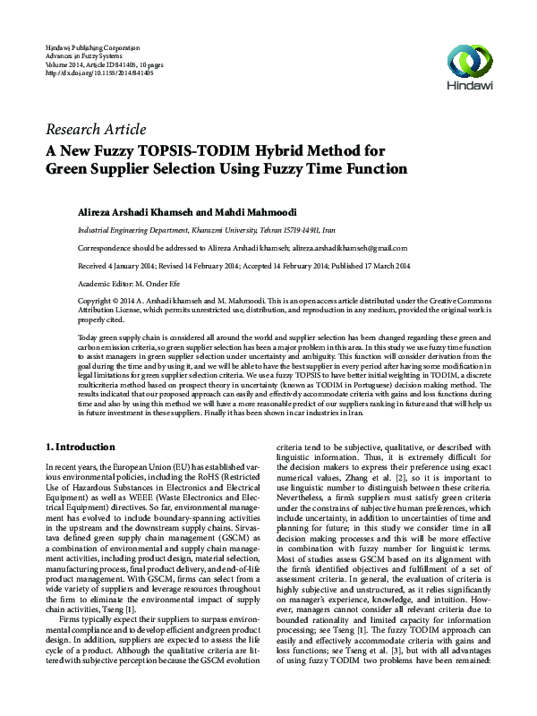 (PDF) A New Fuzzy TOPSIS-TODIM Hybrid Method for Green Supplier Selection Using Fuzzy Time Function