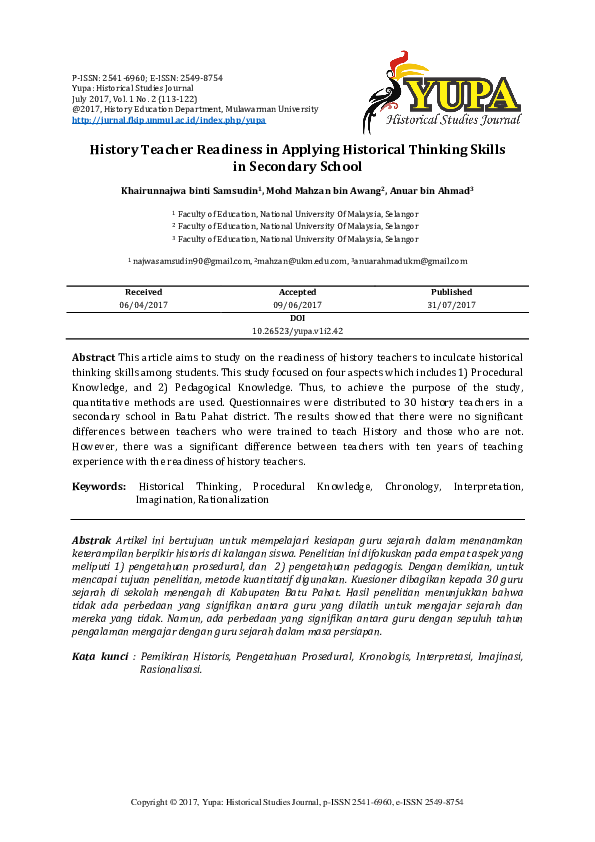 (PDF) History Teacher Readiness in Applying Historical Thinking Skills ...