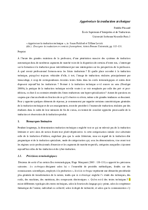 (PDF) Apprivoiser la traduction technique