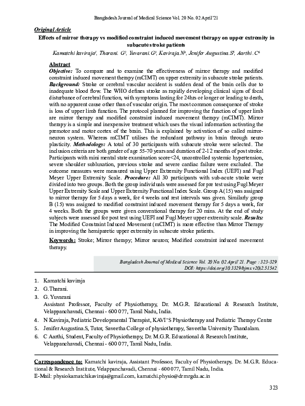 (PDF) Effects of mirror therapy vs modified constraint induced movement ...