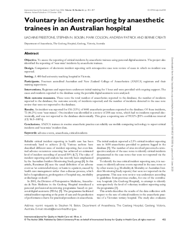 (PDF) Voluntary incident reporting by anaesthetic trainees in an ...