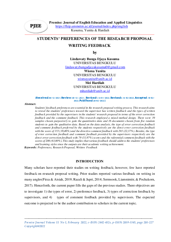 (PDF) Students’ Preferences of the Research Proposal Writing Feedback