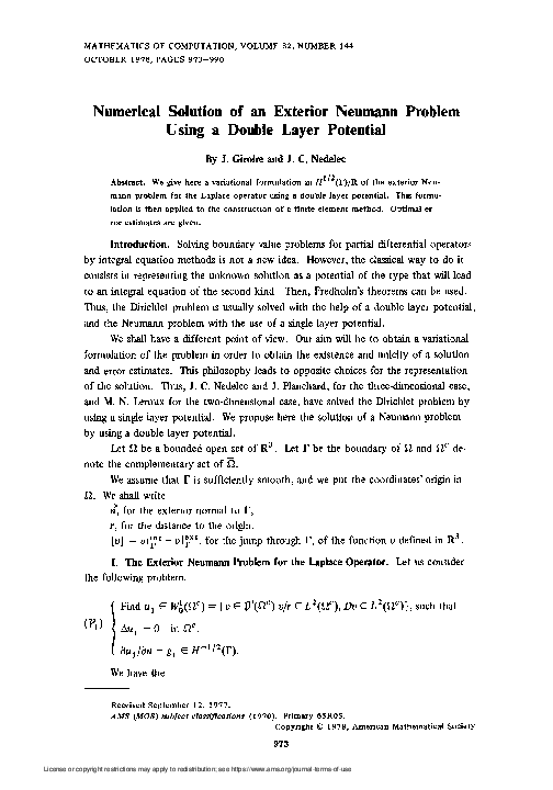 (PDF) Numerical Solution of an Exterior Neumann Problem Using a Double ...