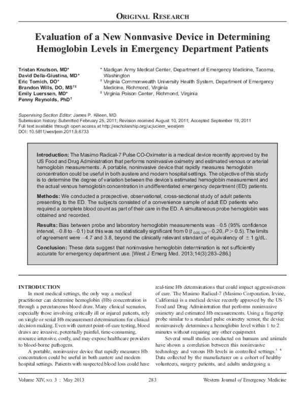 (PDF) Evaluation of a New Noninvasive Device in Determining Hemoglobin Levels in Emergency ...