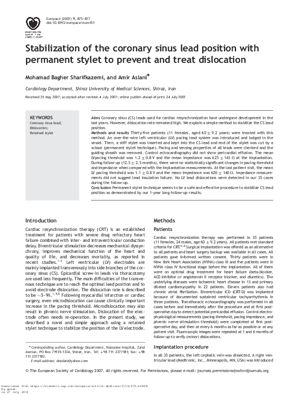 (PDF) Stabilization of the coronary sinus lead position with permanent ...