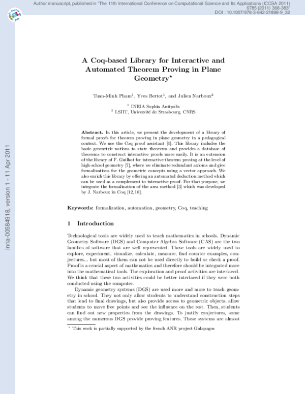 (PDF) A Coq-based Library for Interactive and Automated Theorem Proving in Plane Geometry