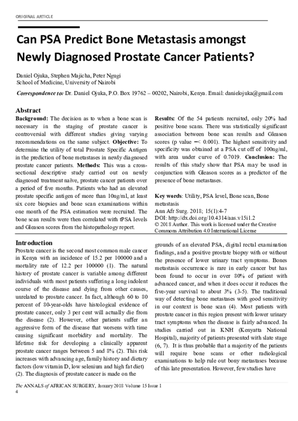 (PDF) Can PSA Predict Bone Metastasis amongst Newly Diagnosed Prostate ...