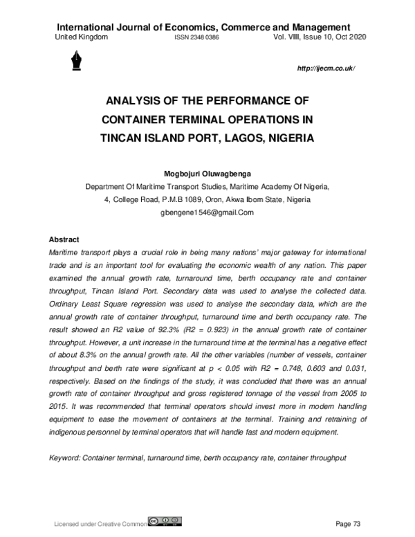 (PDF) ANALYSIS OF THE PERFORMANCE OF CONTAINER TERMINAL OPERATIONS IN TINCAN ISLAND PORT, LAGOS ...