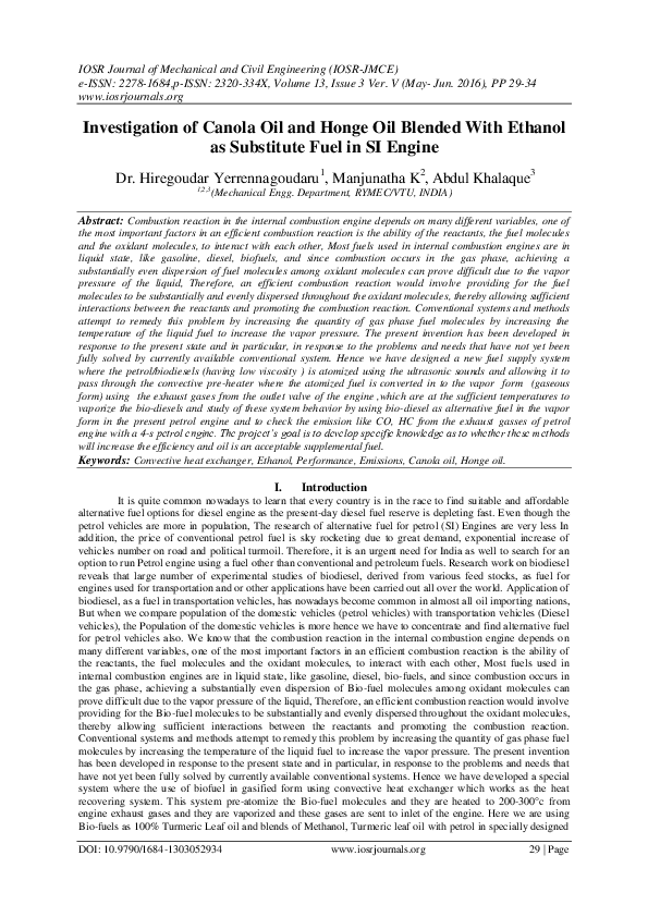 (PDF) Investigation of Canola Oil and Honge Oil Blended With Ethanol as ...