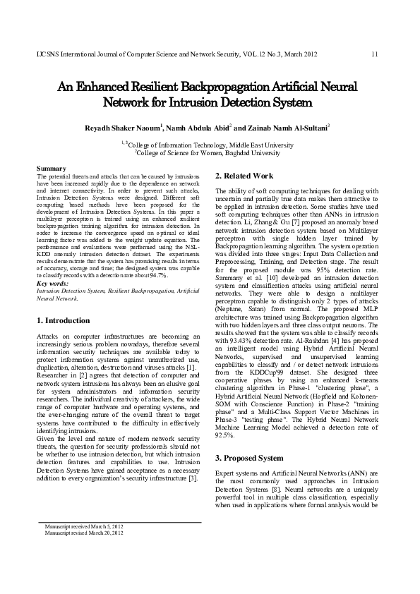 (PDF) An Enhanced Resilient Backpropagation Artificial Neural Network for Intrusion Detection System