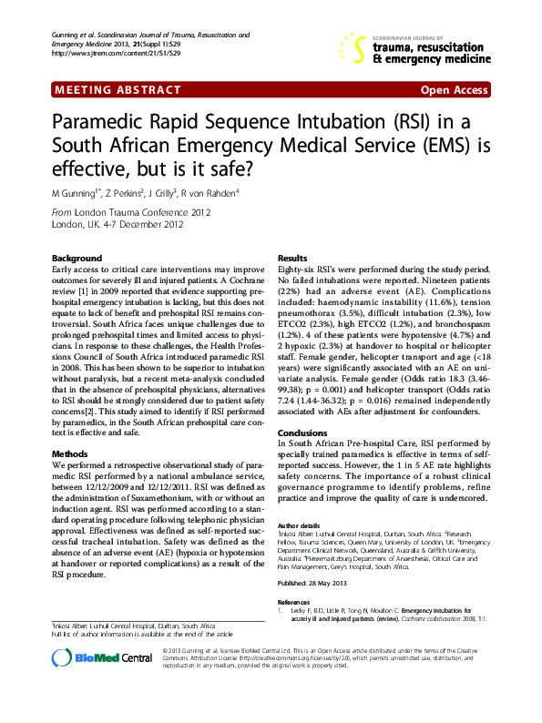(PDF) Paramedic Rapid Sequence Intubation (RSI) in a South African ...