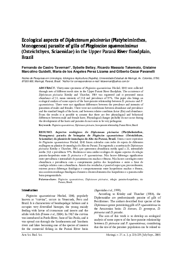 (PDF) Aspectos ecológicos de Diplectanum piscinarius (Platyhelminthes ...