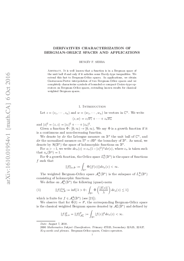 (PDF) Derivatives characterization of Bergman-Orlicz spaces and applications