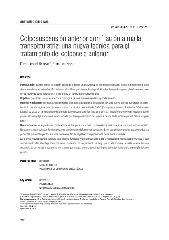 (PDF) Colposuspensión anterior con fijación a malla transobturatriz ...