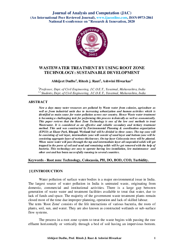 (PDF) Wastewater Treatment by Using Root Zone Technology: Sustainable Development