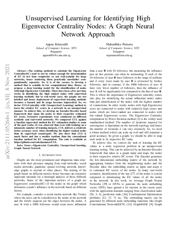Pdf Unsupervised Learning For Identifying High Eigenvector Centrality