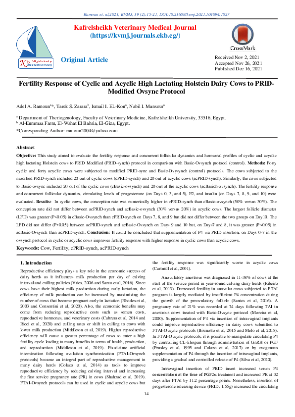 (PDF) Fertility Response of Cyclic and Acyclic High Lactating Holstein Dairy Cows to PRID ...