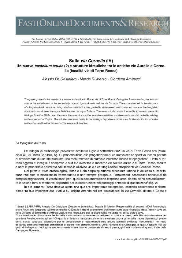 (PDF) Sulla via Cornelia (IV). Un nuovo castellum aquae (?) e strutture ...
