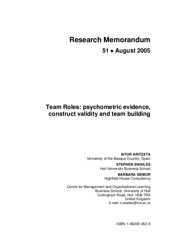 (PDF) Team Roles: Psychometric Evidence, Construct Validity and Team ...