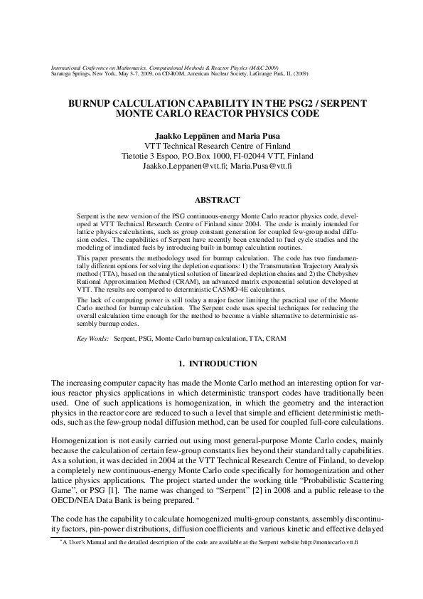 (PDF) Burnup Calculation Capability in the PSG2 / Serpent Monte Carlo ...
