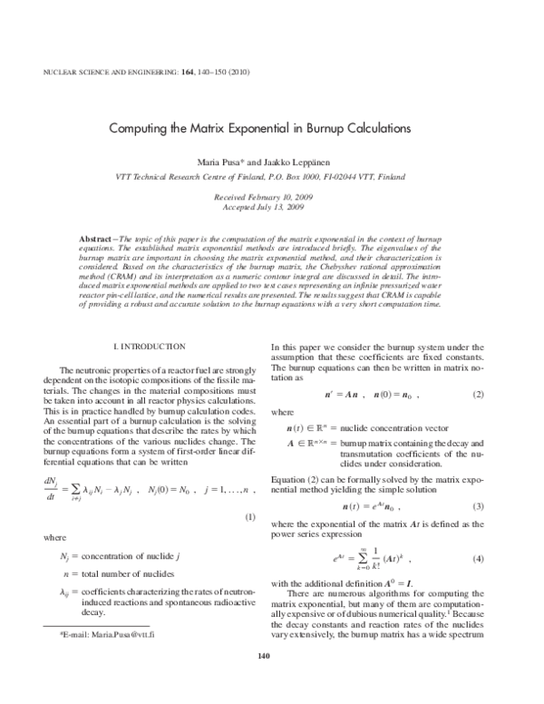 (PDF) Computing the Matrix Exponential in Burnup Calculations