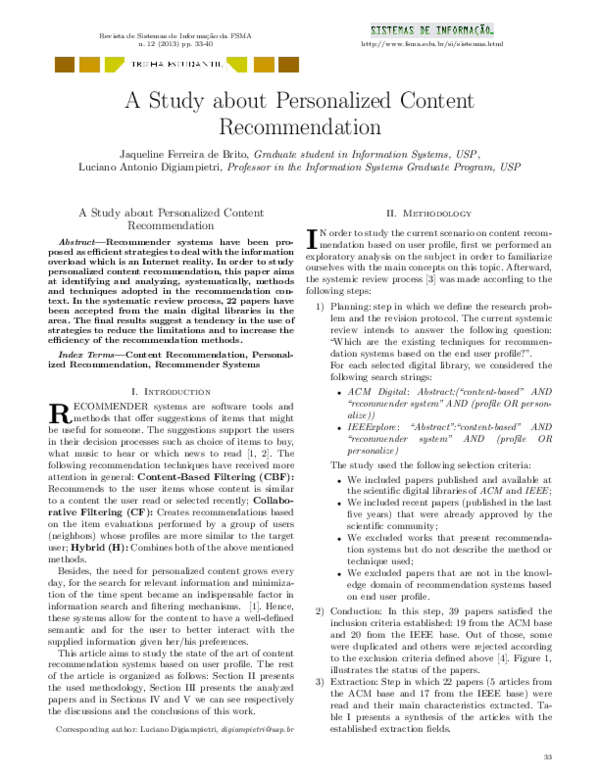 (PDF) A Study about Personalized Content Recommendation