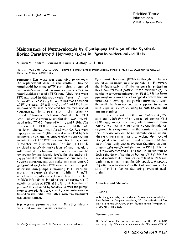 (PDF) Maintenance of normocalcemia by continuous infusion of the ...