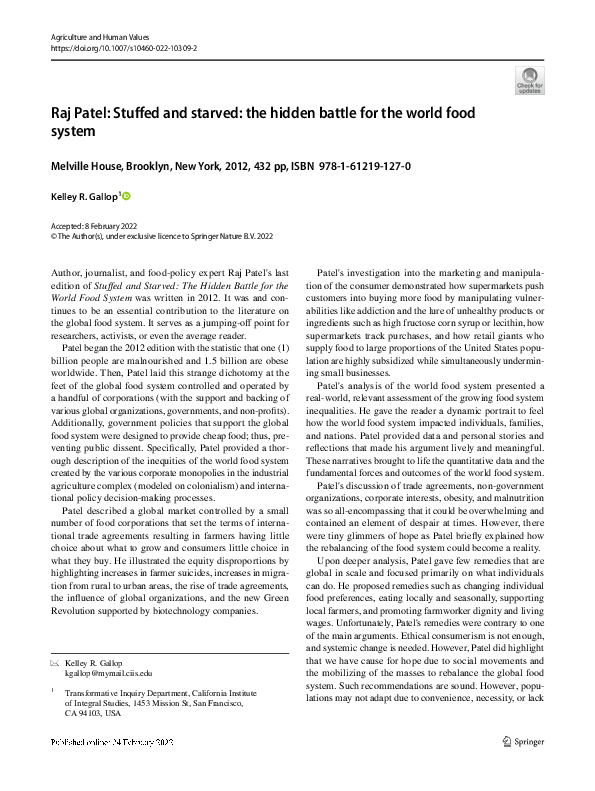 (PDF) Raj Patel: Stuffed and starved: the hidden battle for the world ...
