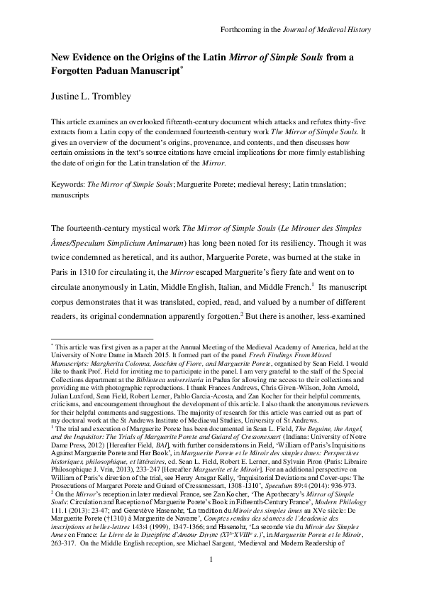 (PDF) New evidence on the origins of the Latin Mirror of Simple Souls ...
