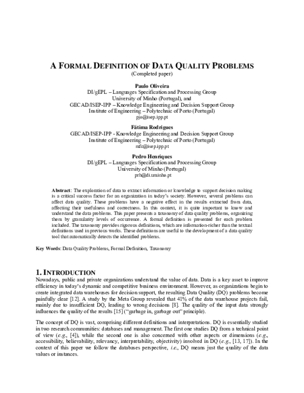 (PDF) A formal definition of data quality problems