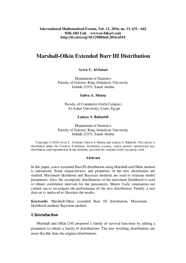 Pdf Marshall Olkin Extended Burr Iii Distribution