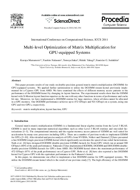 (PDF) Multi-level Optimization of Matrix Multiplication for GPU-equipped Systems
