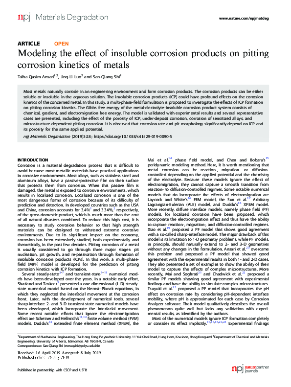(PDF) Modeling the effect of insoluble corrosion products on pitting ...