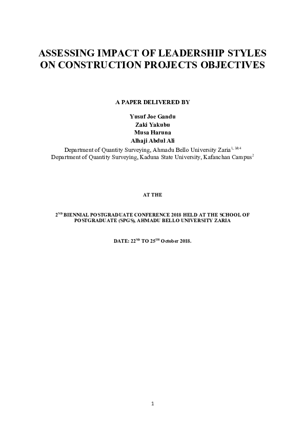 (DOC) ASSESSING IMPACT OF LEADERSHIP STYLES ON CONSTRUCTION PROJECTS ...